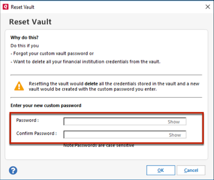 What if I need to delete/reset the Password Vault? | Quicken